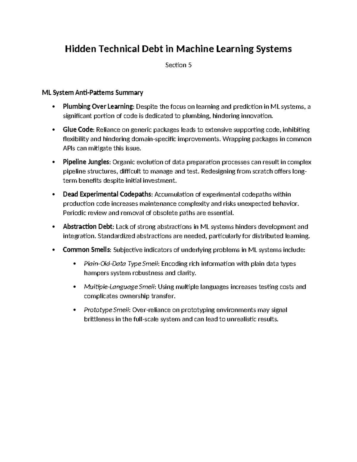Summary - Hidden Technical Debt in Machine Learning Systems Section 5 ...