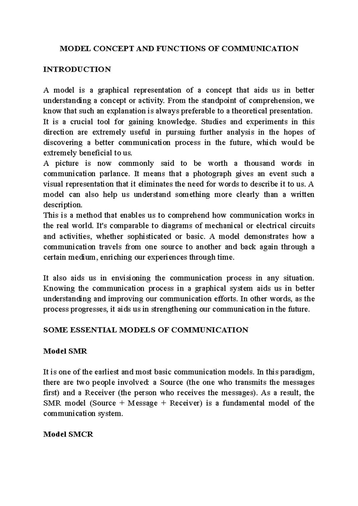 Model Concept AND Functions OF Communication - MODEL CONCEPT AND ...