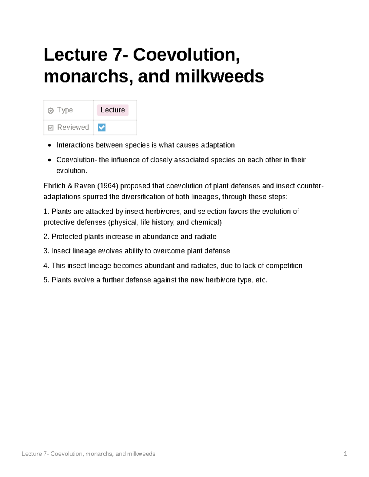 Lecture 7- Coevolution monarchs and milkweeds - Ehrlich & Raven (1964 ...