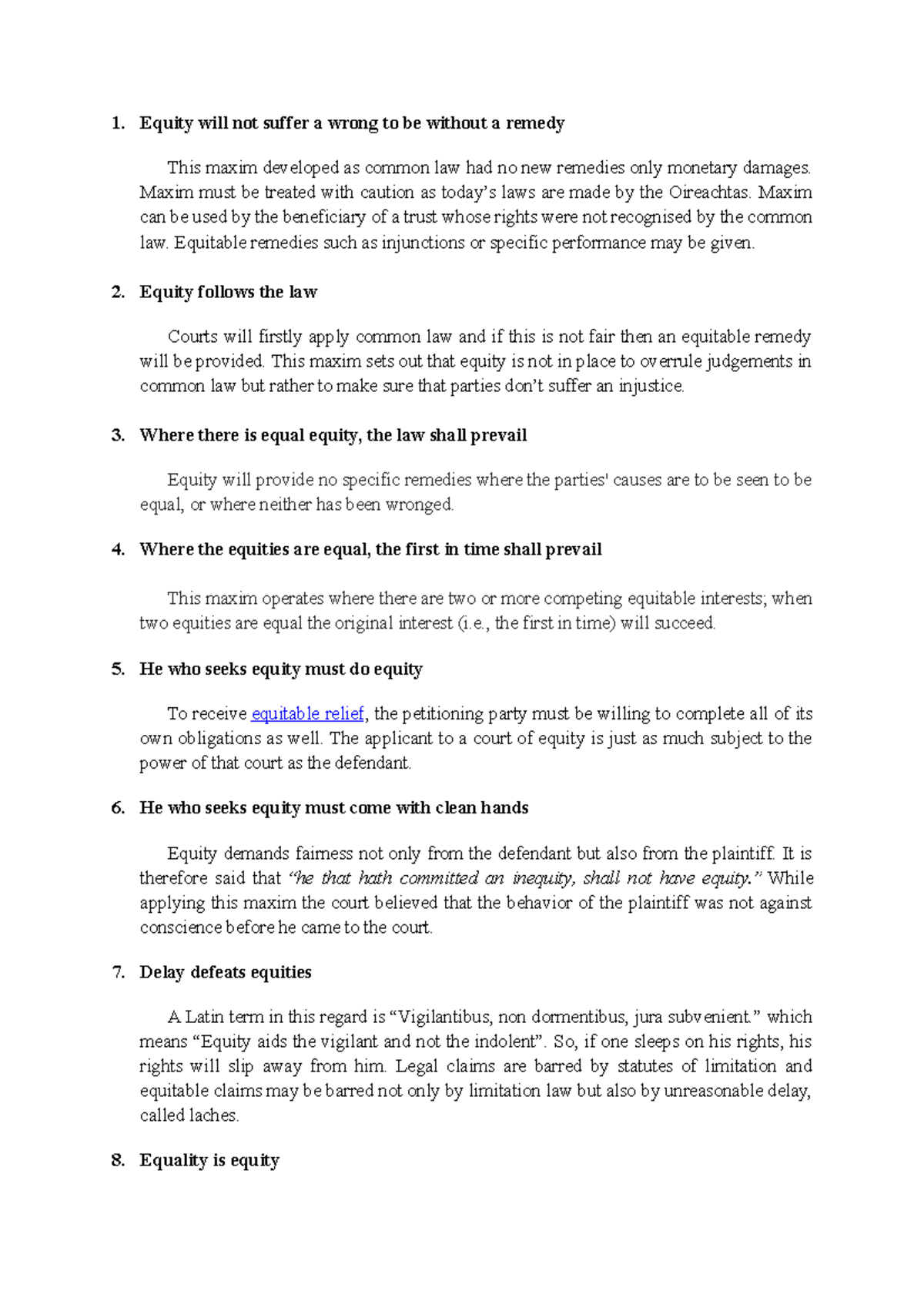 Tutorial 1 Answer - Equity - 1. Equity will not suffer a wrong to be ...