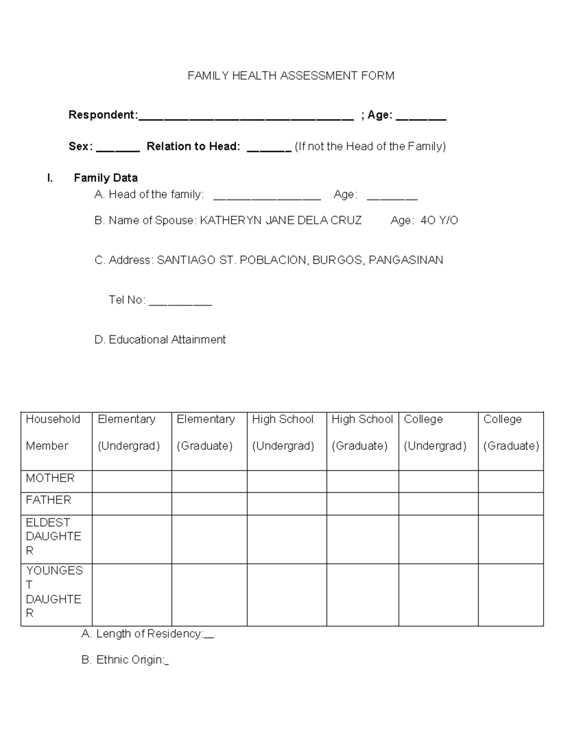 Family Assessment Form Template sample - FAMILY HEALTH ASSESSMENT FORM ...