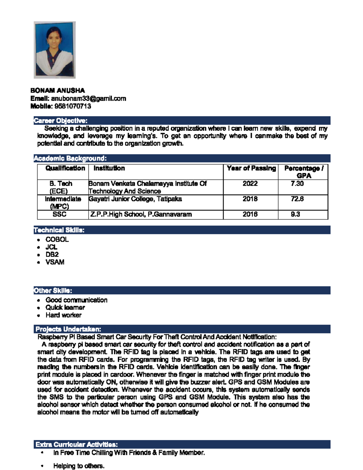 Anusha Bonam Resume - I learn python for free - Electronics and ...