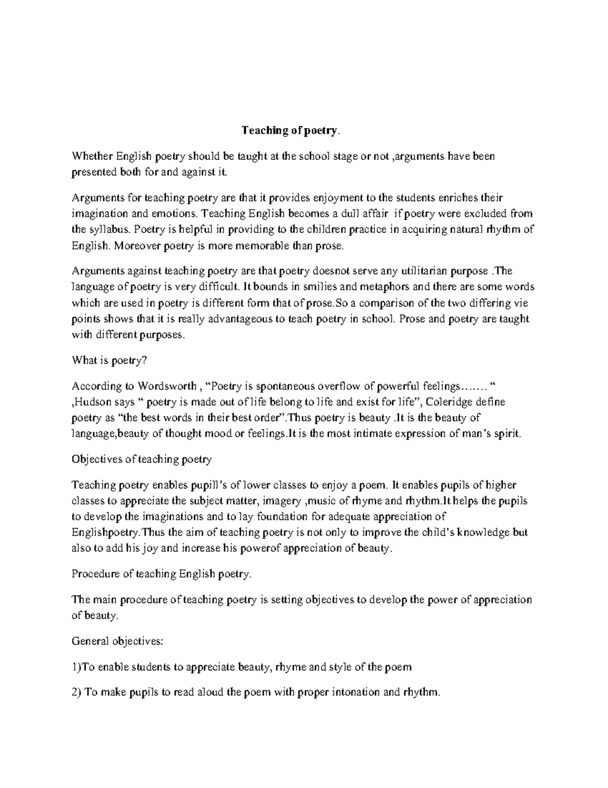 Teaching of poetry - lecture notes - Teaching of poetry. Whether ...