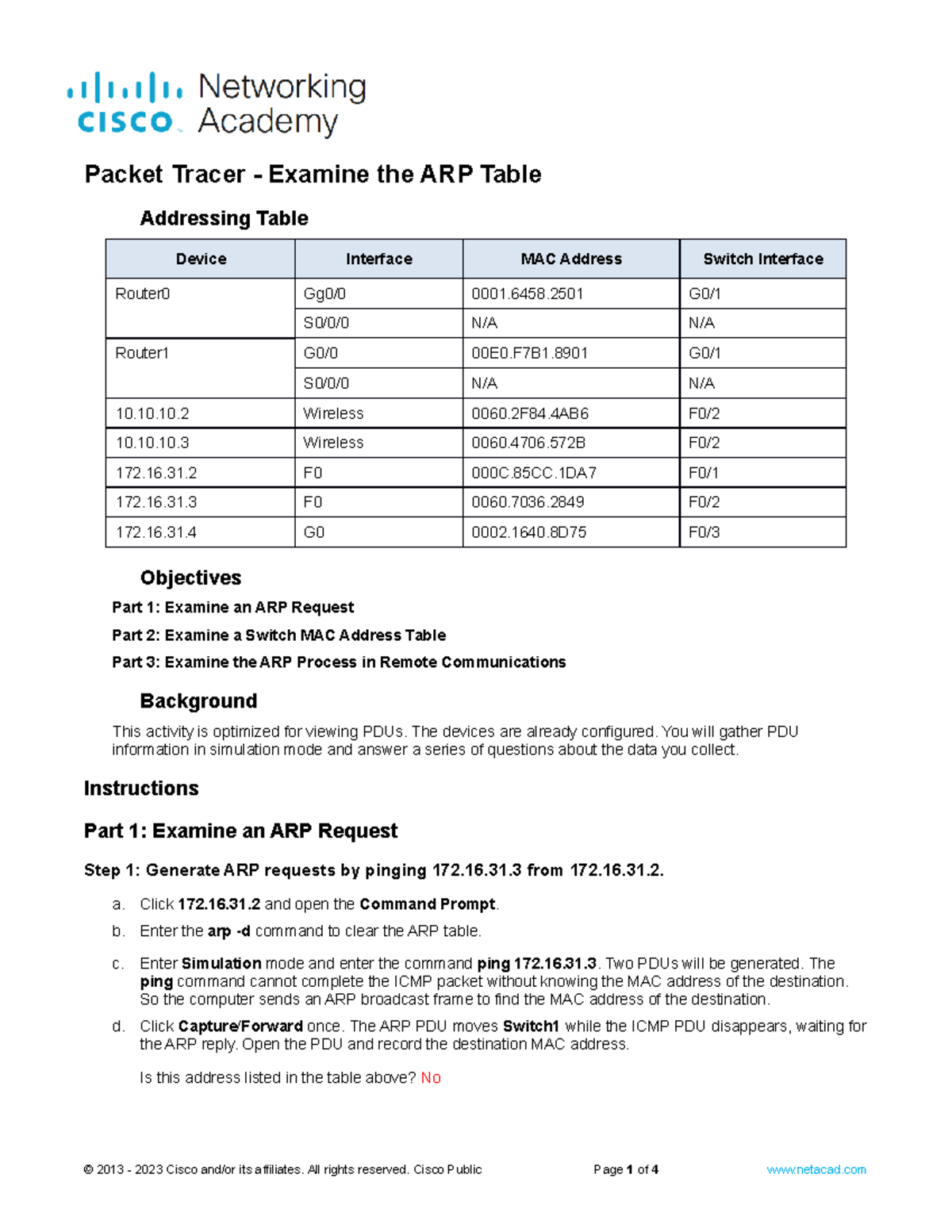 9.2.9 Packet Tracer - Examine the ARP Table - Addressing Table Device ...