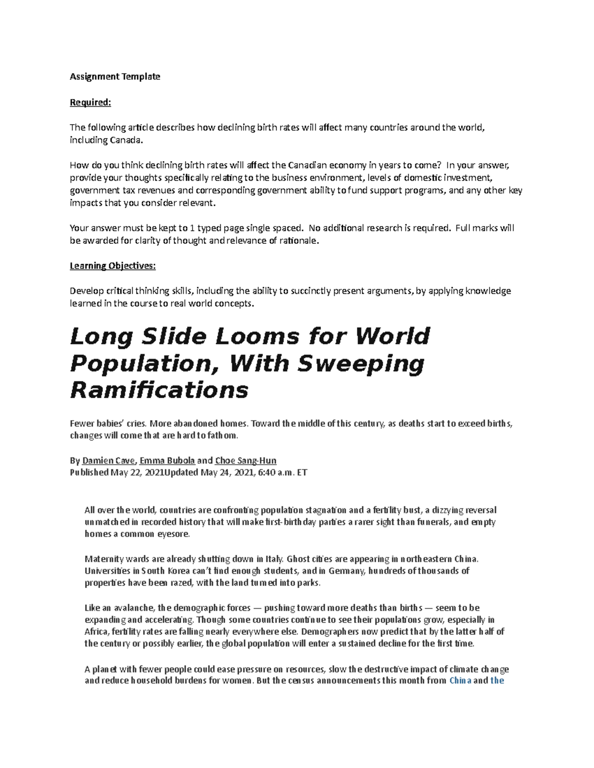 Assignment 4 - Declining Population Levels - Assignment Template ...