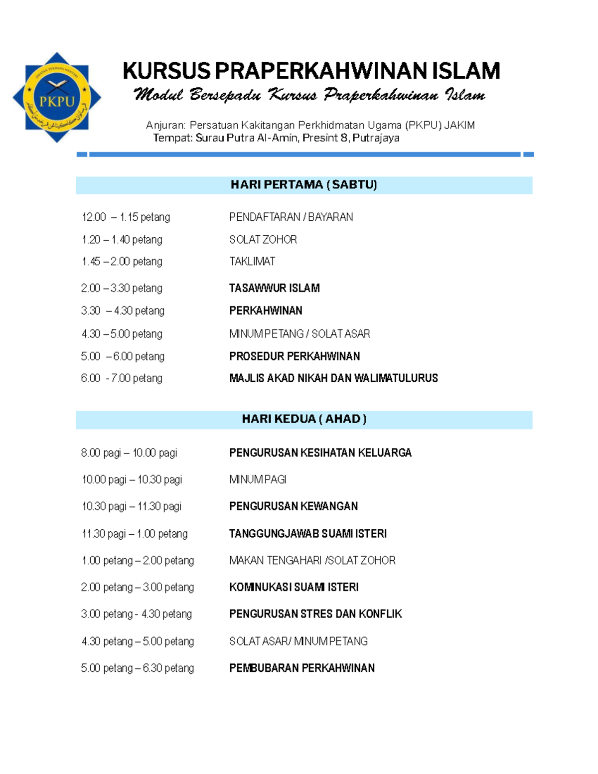 Tentatif Kursus Praperkahwinan Islam 2023 - HARI PERTAMA ( SABTU) 00 ...