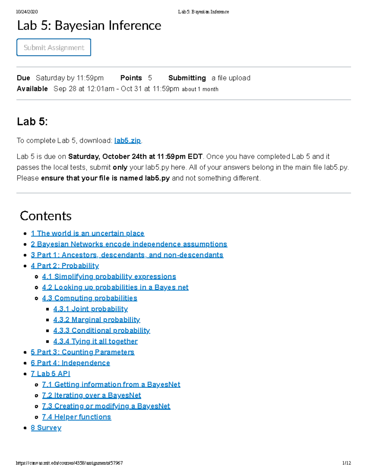 Lab 5 Bayesian Inference Lab 5 Bayesian Inference Due Saturday By 1159pm Points 5 Submitting
