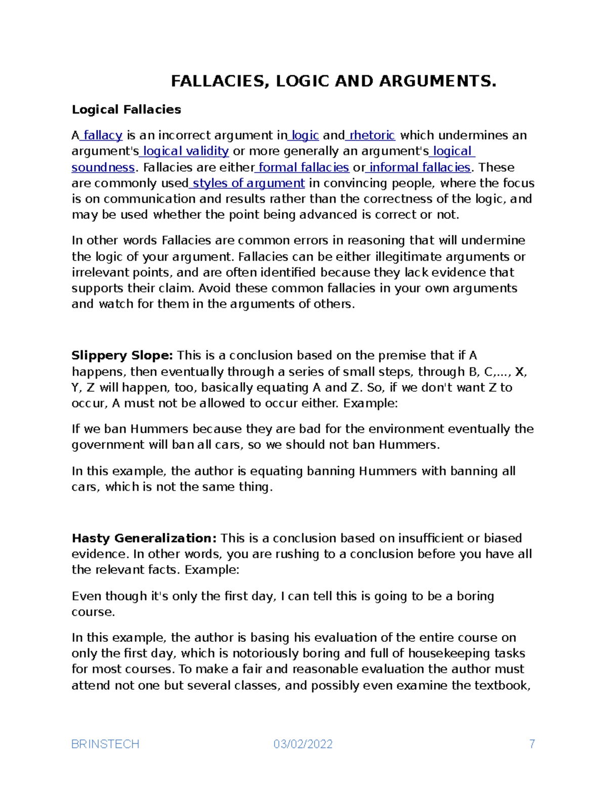 TYPES OF FALLACES, LOGIC AND ARGUMENTS. - FALLACIES, LOGIC AND ...