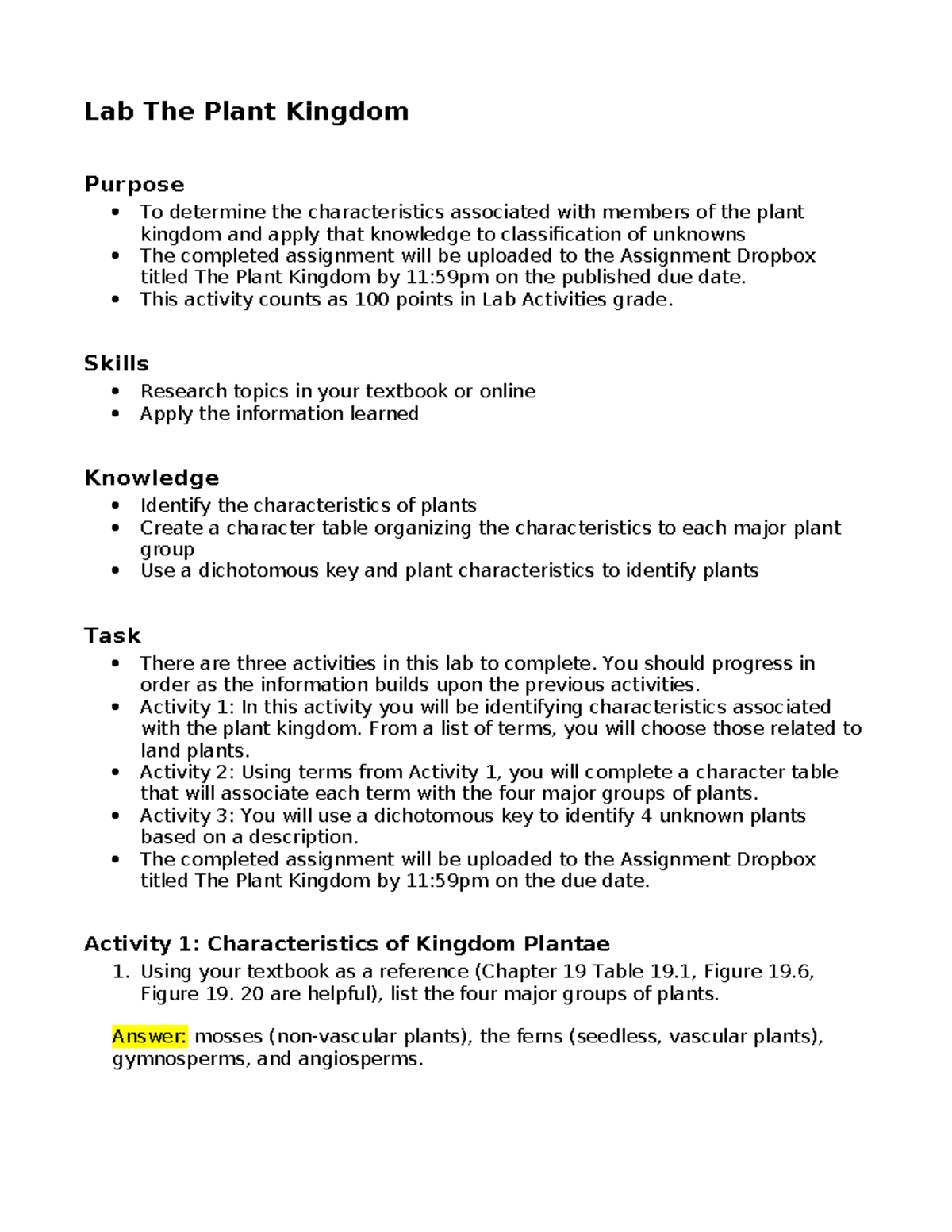 Lab The Plant Kingdom - Lab The Plant Kingdom Purpose To determine the ...