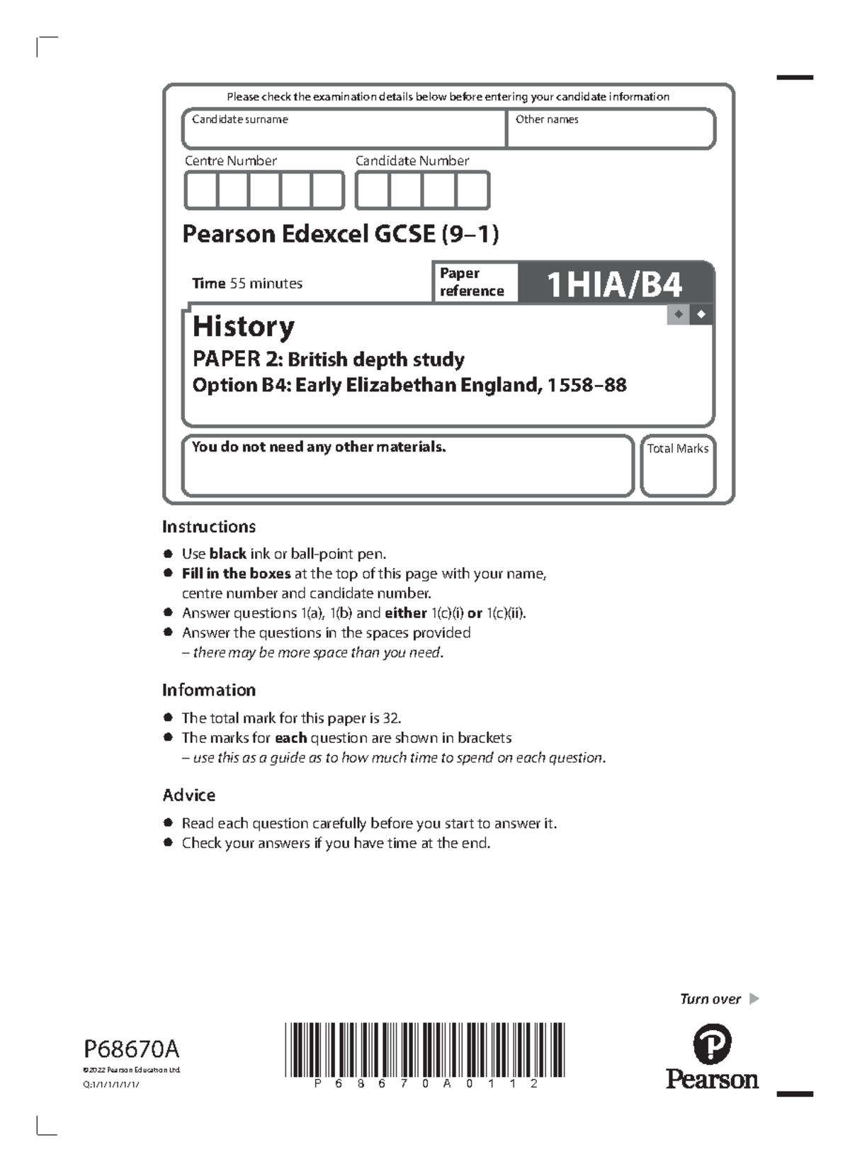Edexcel GCSE History June 2022 P2 B4 QP - Centre Number Candidate ...