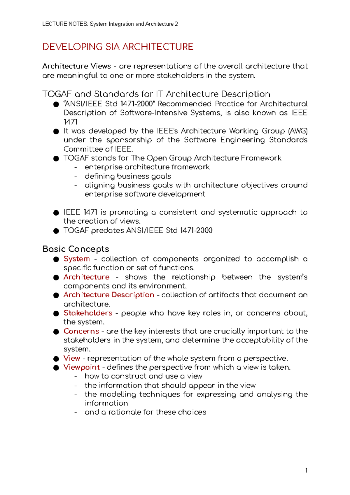 Developing Sia Architecture Week7 Sia102 Lecture Notes Lecture Notes System Integration And