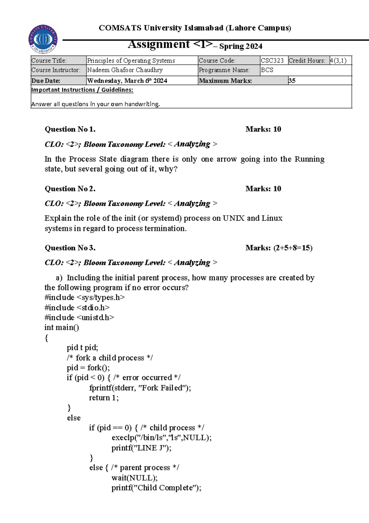 Assignemnt OS - COMSATS University Islamabad (Lahore Campus) Assignment – Spring 2024 - Studocu