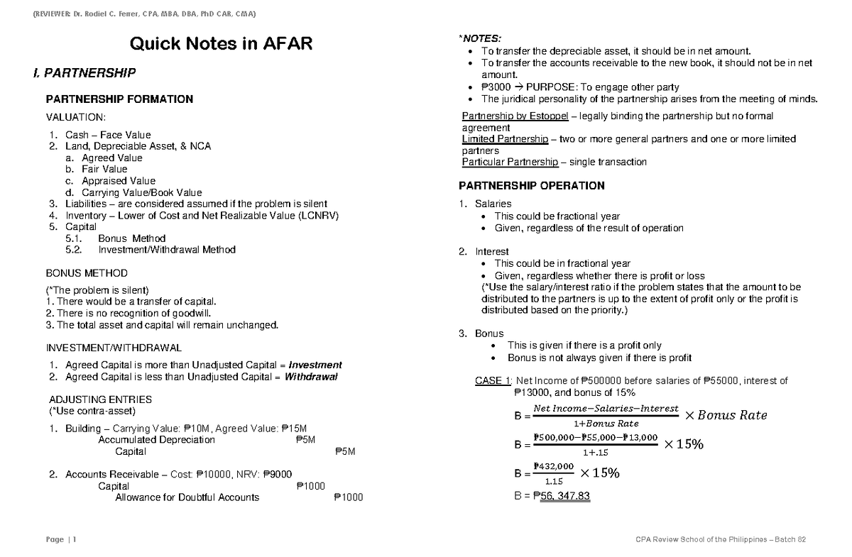 AFAR Notes by Dr Ferrer - None - Quick Notes in AFAR I. PARTNERSHIP ...