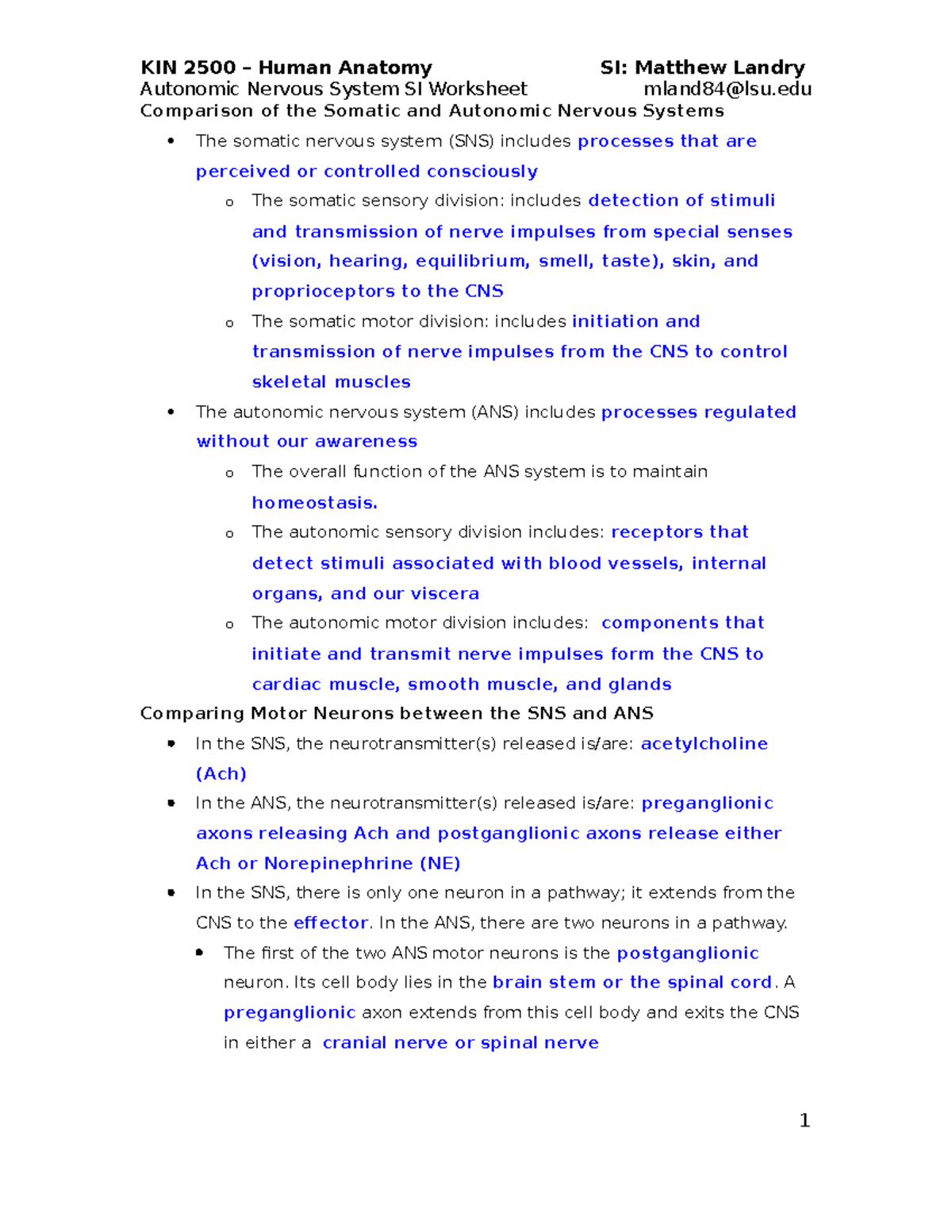 Exam 6-Autonomic Nervus System SI Worksheet - KIN 2500 – Human Anatomy ...