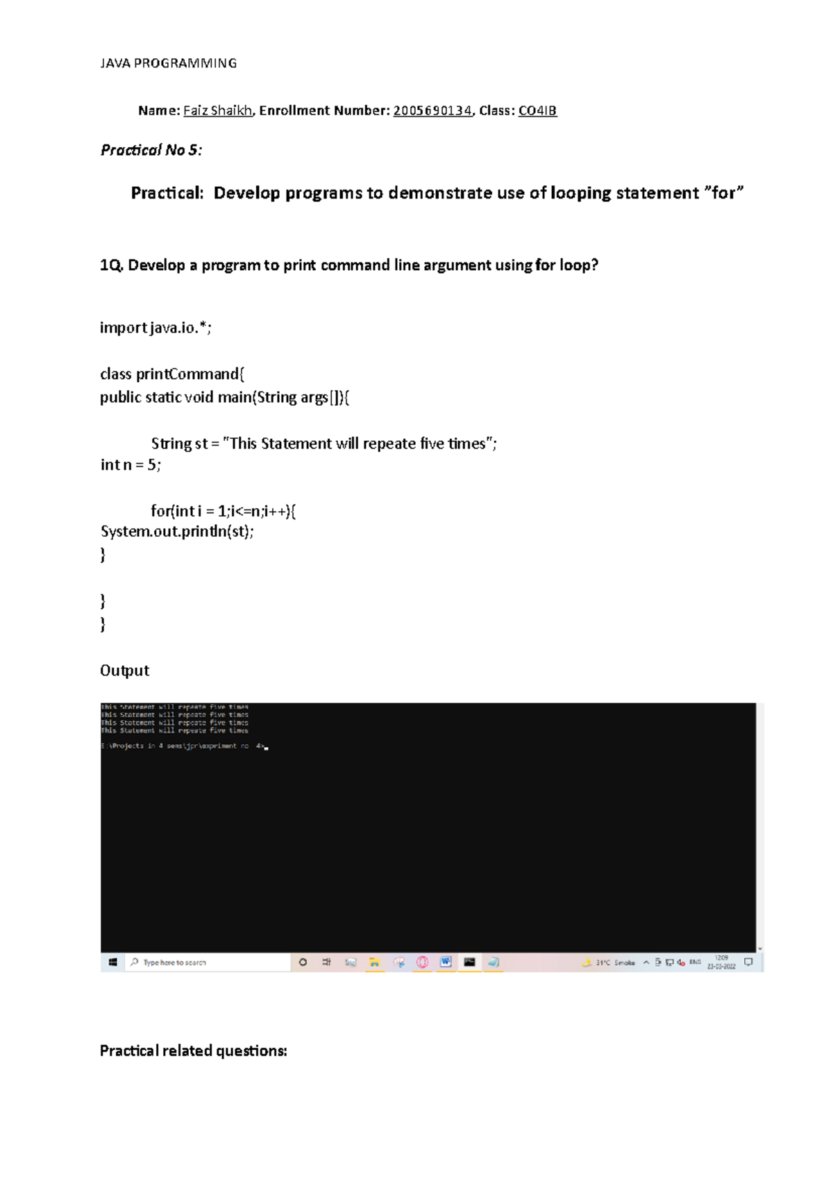 Faiz Jpr Practical No 5 Name Faiz Shaikh Enrollment Number 2005690134 Class Co4ib