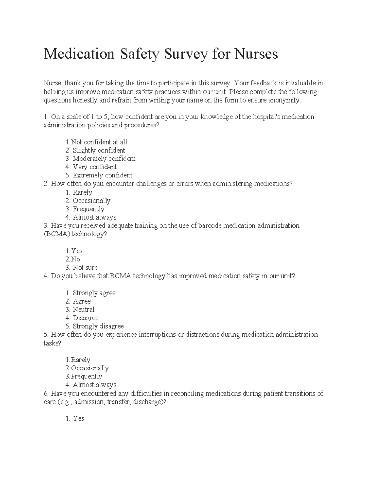 Medication Safety Survey for Nurses - Your feedback is invaluable in ...