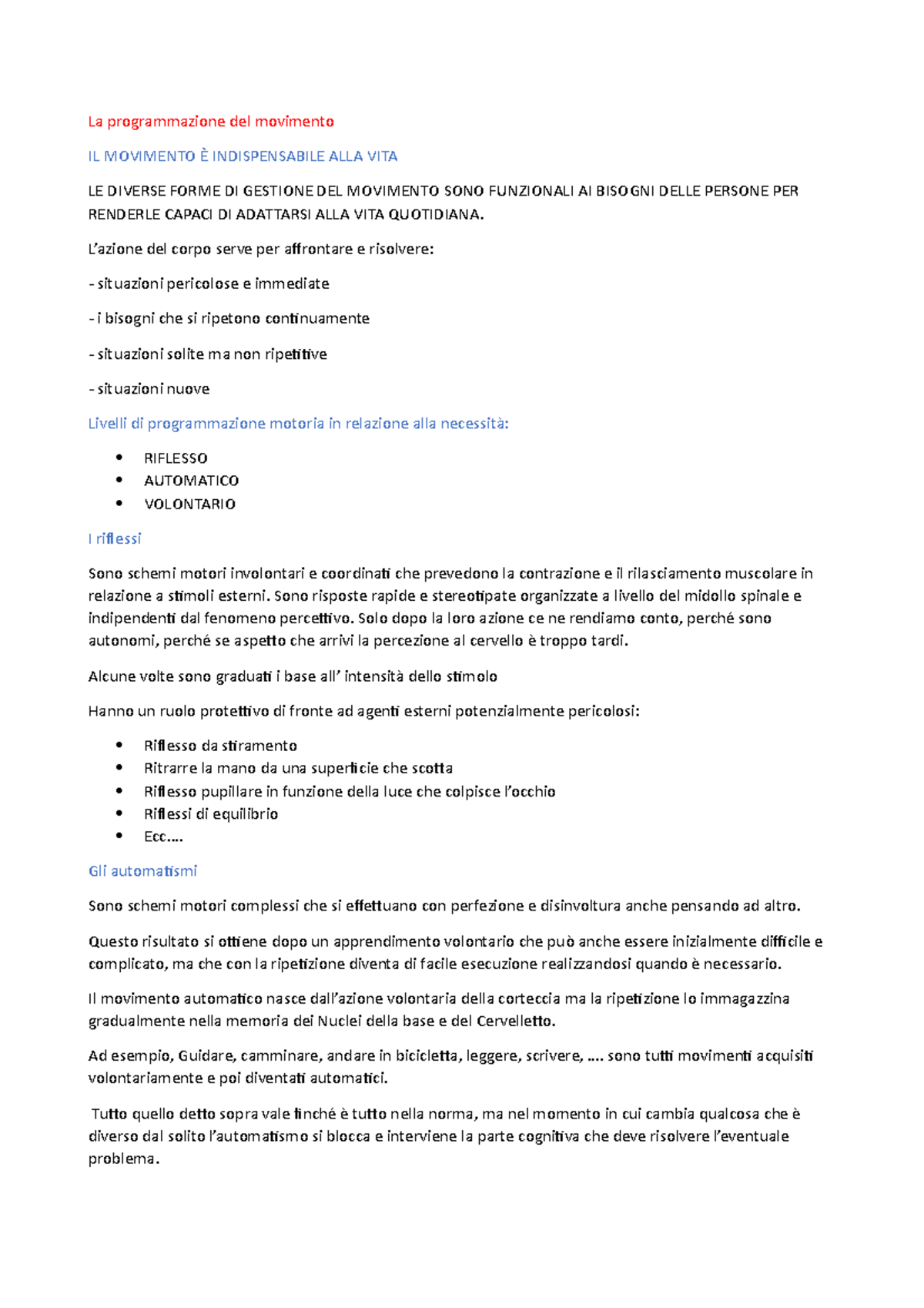 La programmazione del movimento - L’azione del corpo serve per ...