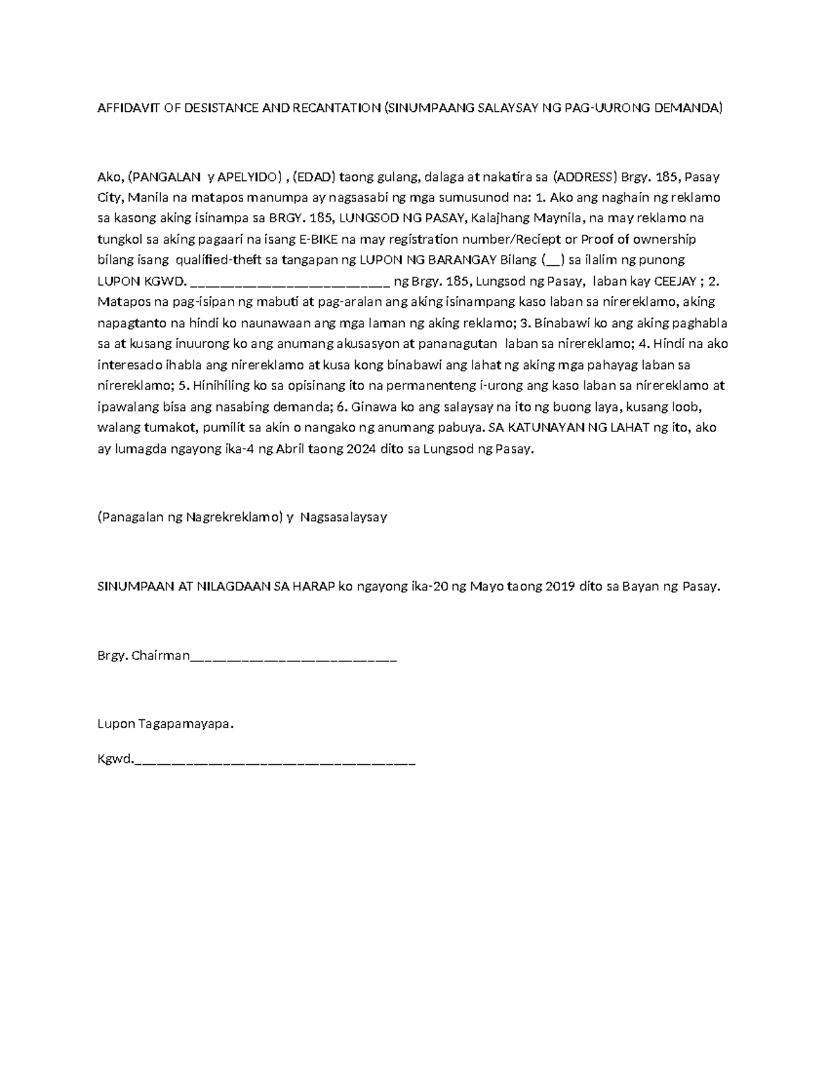 Affidavit OF DE-WPS Office - AFFIDAVIT OF DESISTANCE AND RECANTATION ...