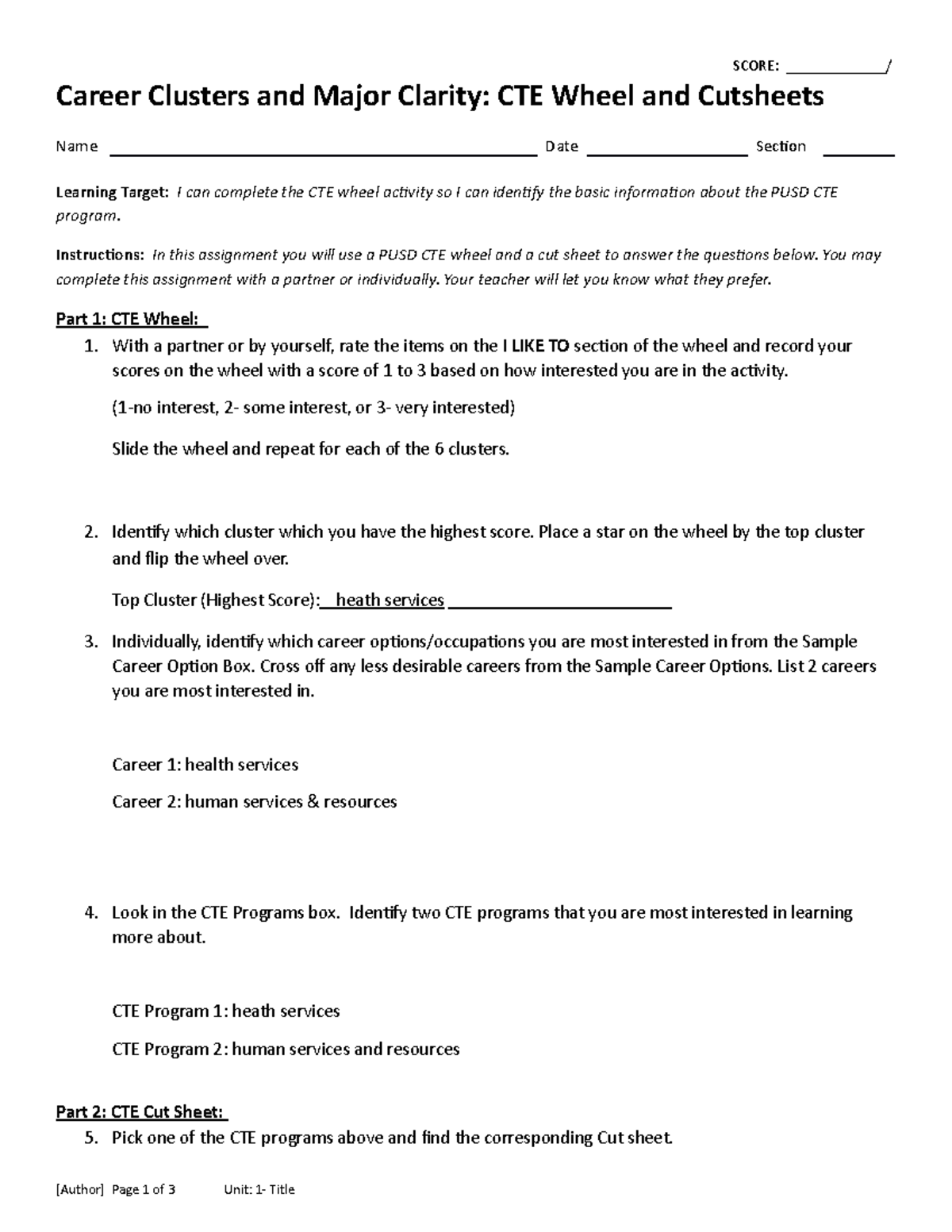 CTE Wheel and CTE Cut Sheet - SCORE: _____________/ Career Clusters and ...
