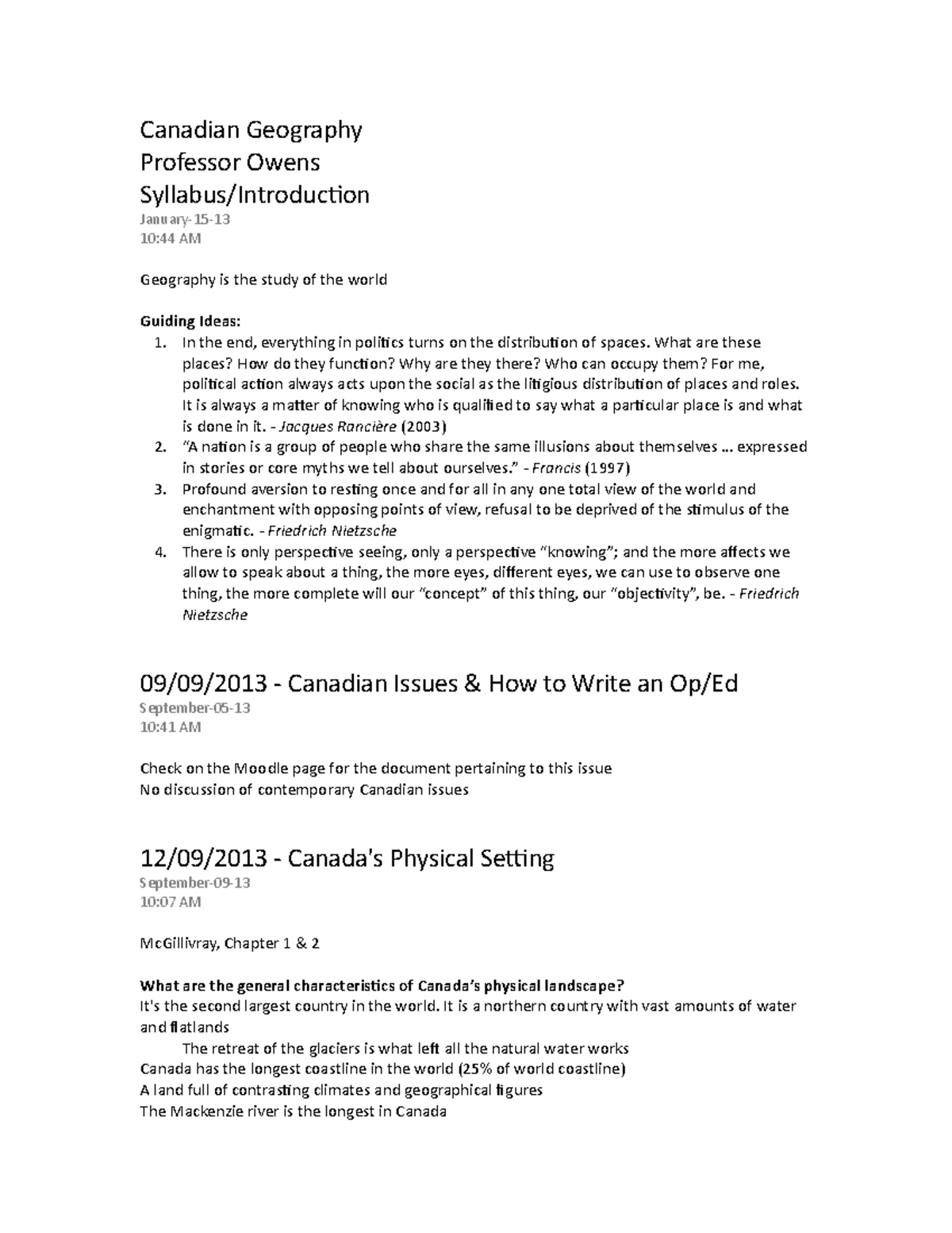 Lecture Notes, Lecture All - Canadian Geography Professor Owens ...