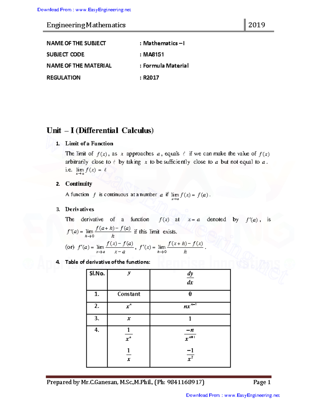 MA8151 formula 12 - Simple lecture note for studying sem 1 ...