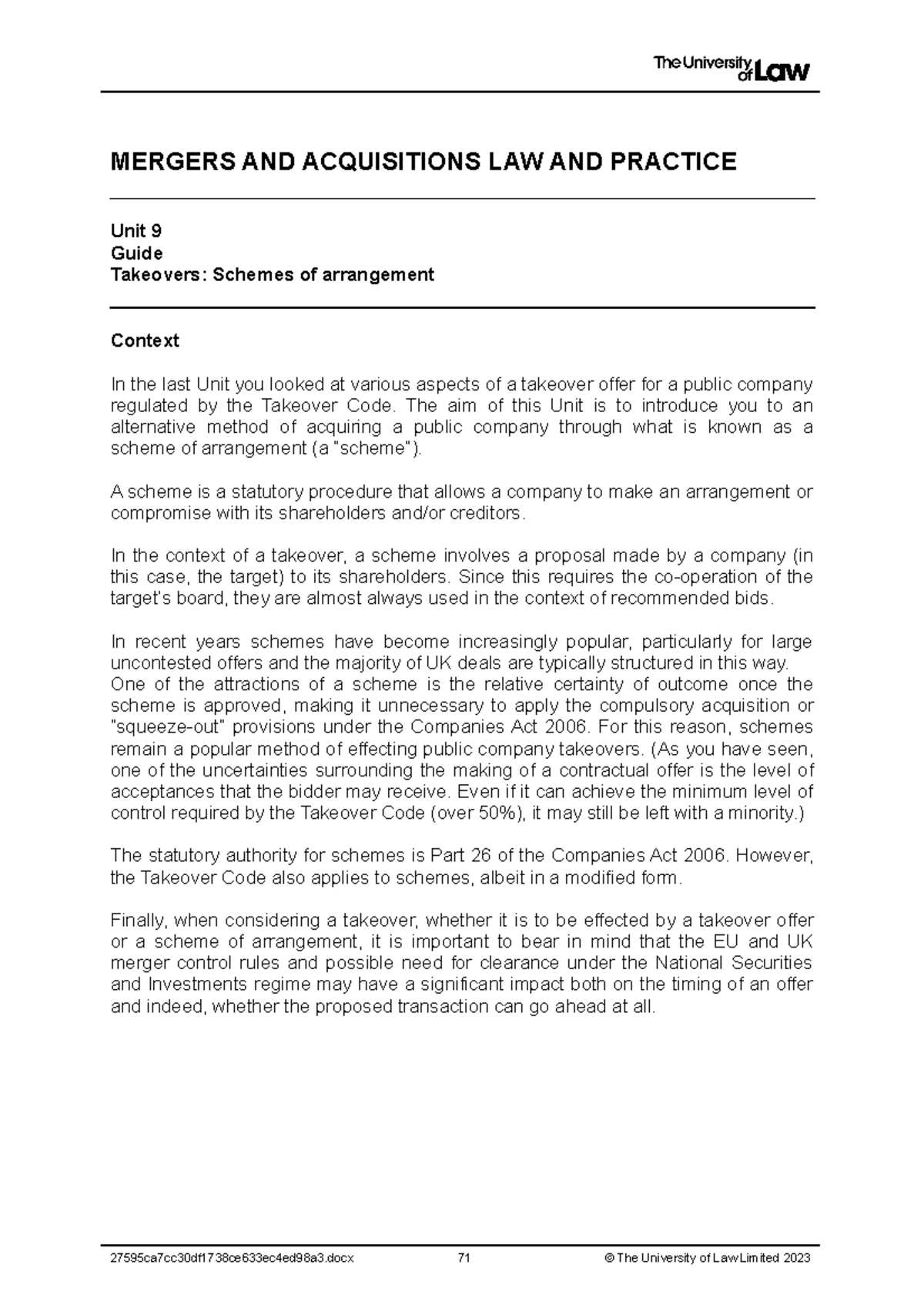 Workshop 9 - MERGERS AND ACQUISITIONS LAW AND PRACTICE Unit 9 Guide ...