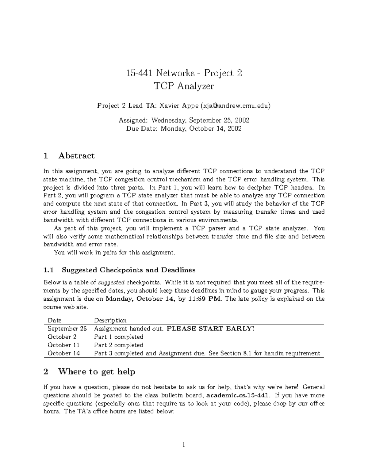 Lab02 - Hhh - 15-441 Networks - Project 2 TCP Analyzer Project 2 Lead TA: Xavier Appe - Studocu