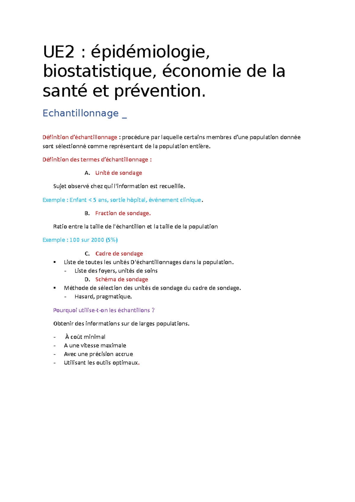 UE2 cours echantillonage - UE2 : épidémiologie, biostatistique ...