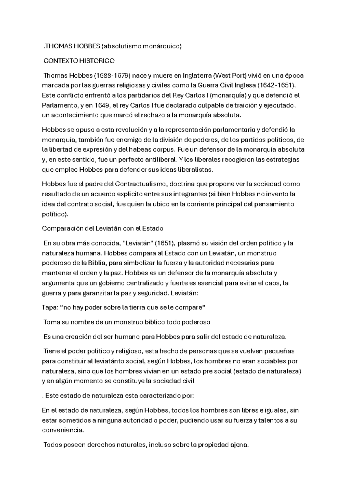 Documento 10 Hobbes - .THOMAS HOBBES (absolutismo monárquico) CONTEXTO ...