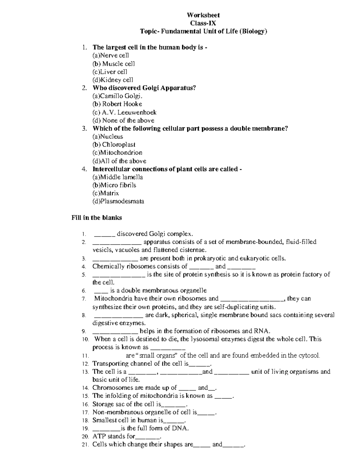 Cell Test - Worksheet Class-IX Topic- Fundamental Unit of Life (Biology ...