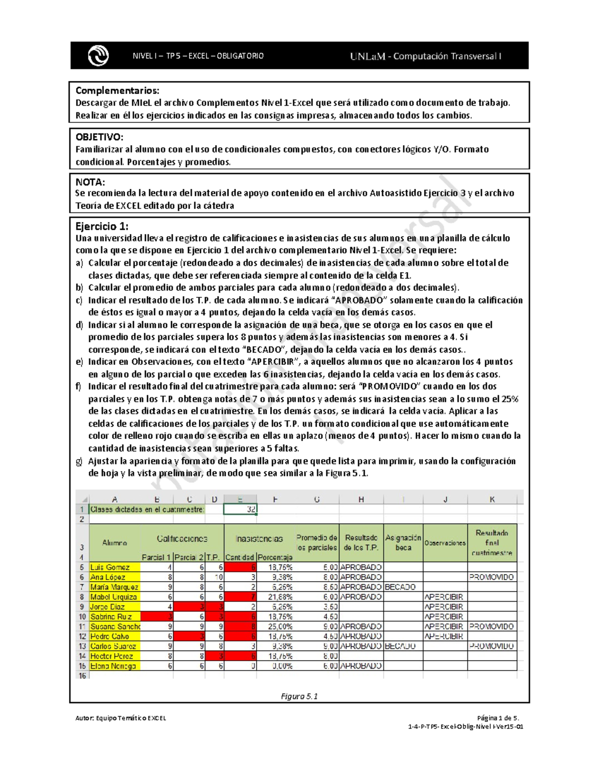 1-4-P-TP5-Excel-Oblig-Nivel I-Ver15-01 - Autor: Equipo Temático EXCEL Página 1 de 5. - Studocu