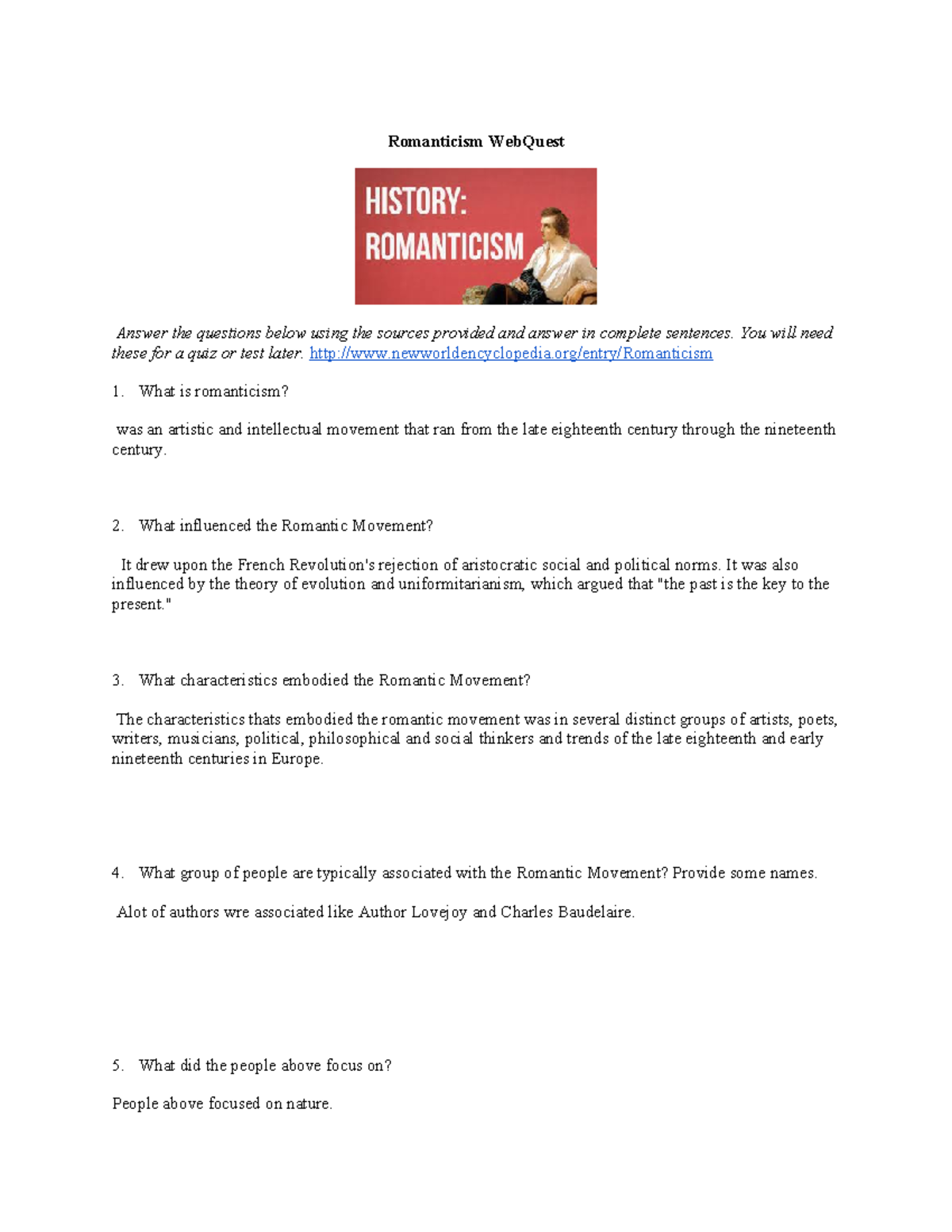 Copy of Romanticism Web Quest - Romanticism WebQuest Answer the ...