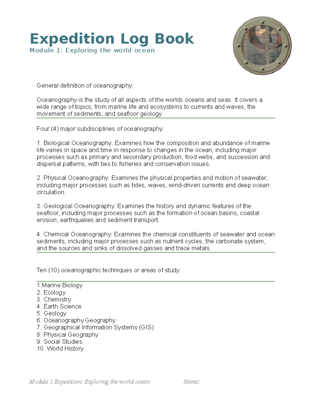 Log Book 1 - Log Book - Module 1: Exploring the world ocean General ...