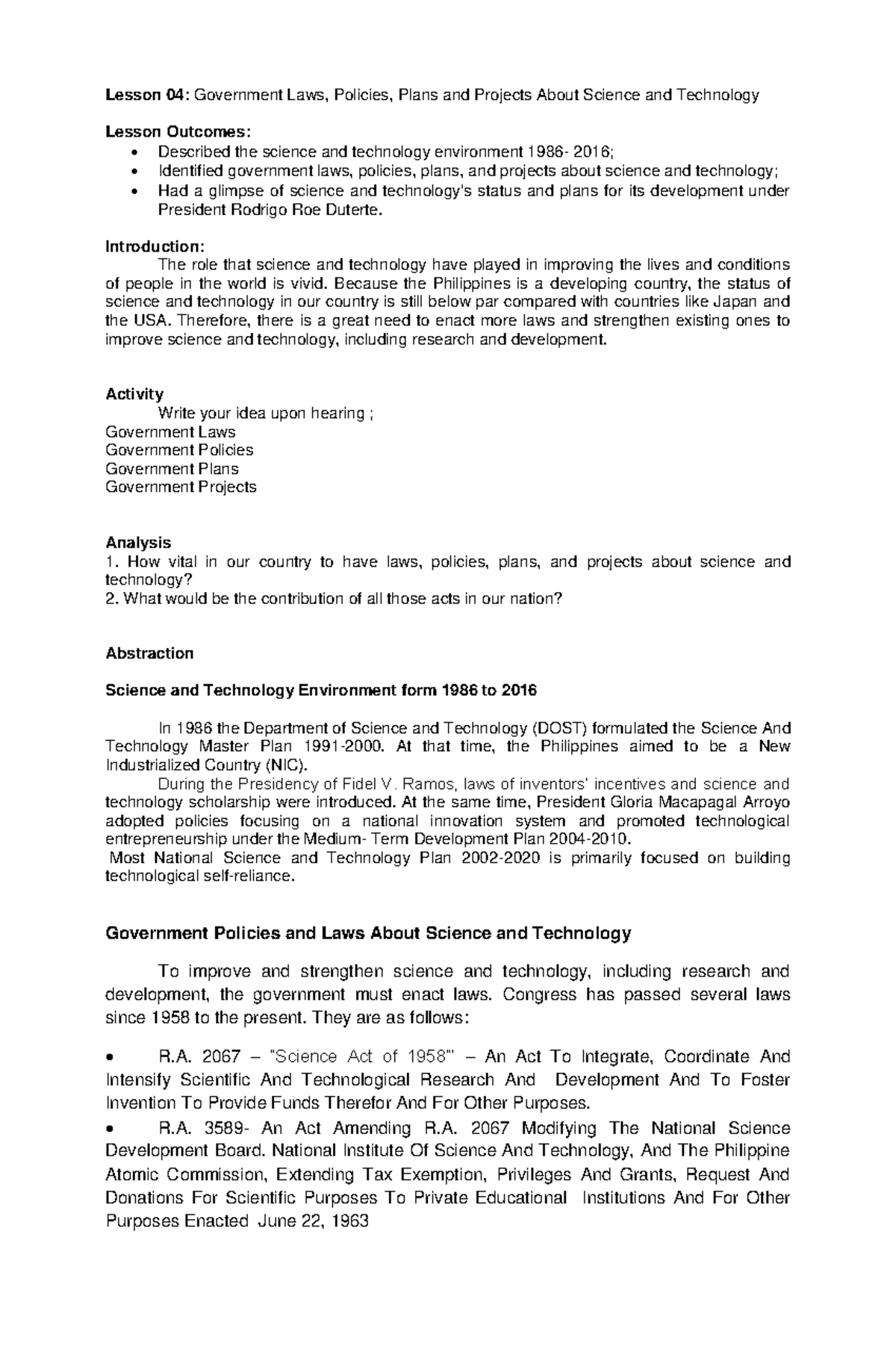 STS-Lesson-4 - Notes - Lesson 04: Government Laws, Policies, Plans and ...
