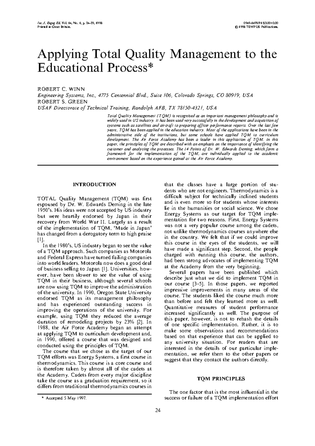 TOTAL QUALIT Y MANAGEMENT IN EDUCATION 119 Applying Total Quality total-qualit-y-management-in-education-119-applying-total-quality