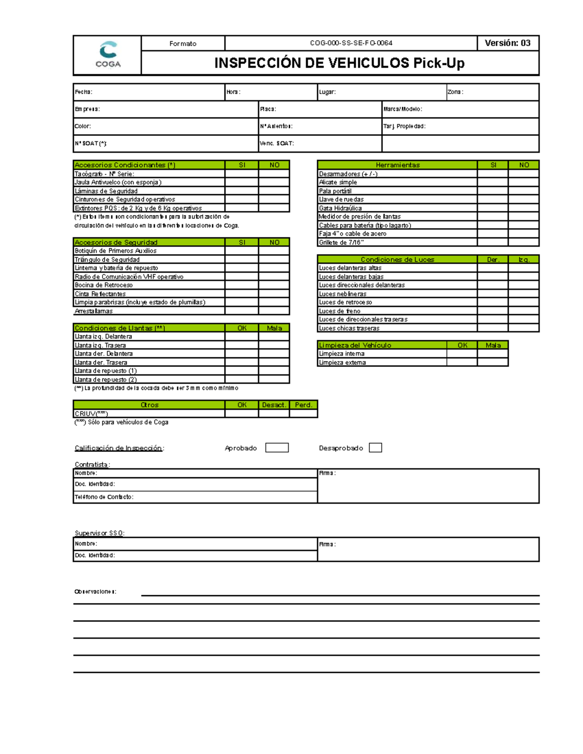Inspeccion de Vehiculos Pick-Up - Formato SI NO SI NO SI NO Der. Izq ...