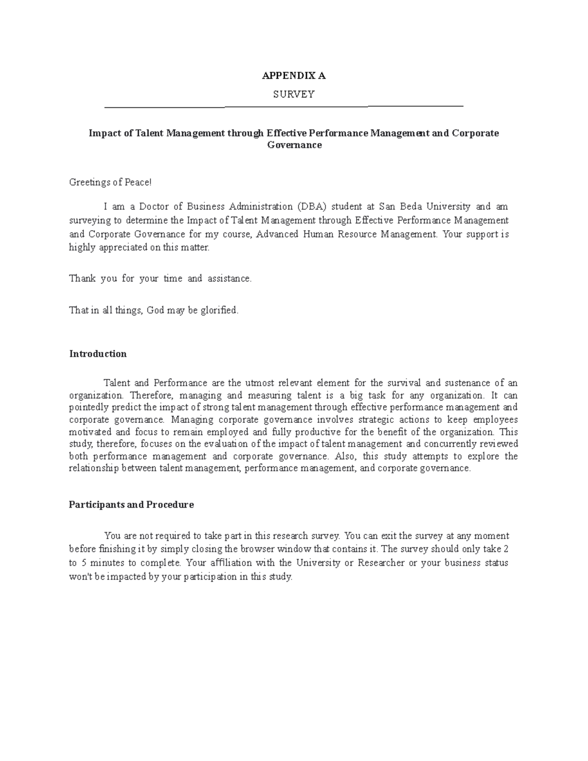 Appendix A Questionnaire Corporate Governance - APPENDIX A SURVEY ...