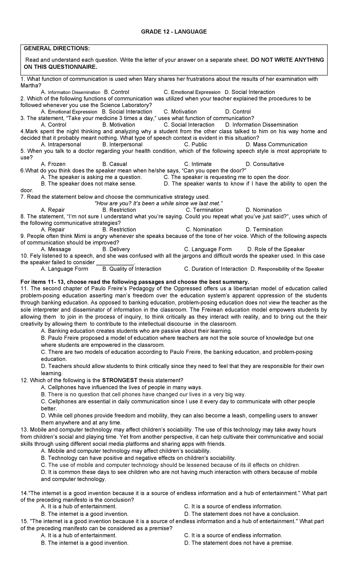 Grade 12 - Language - n/a - GRADE 12 - LANGUAGE GENERAL DIRECTIONS ...