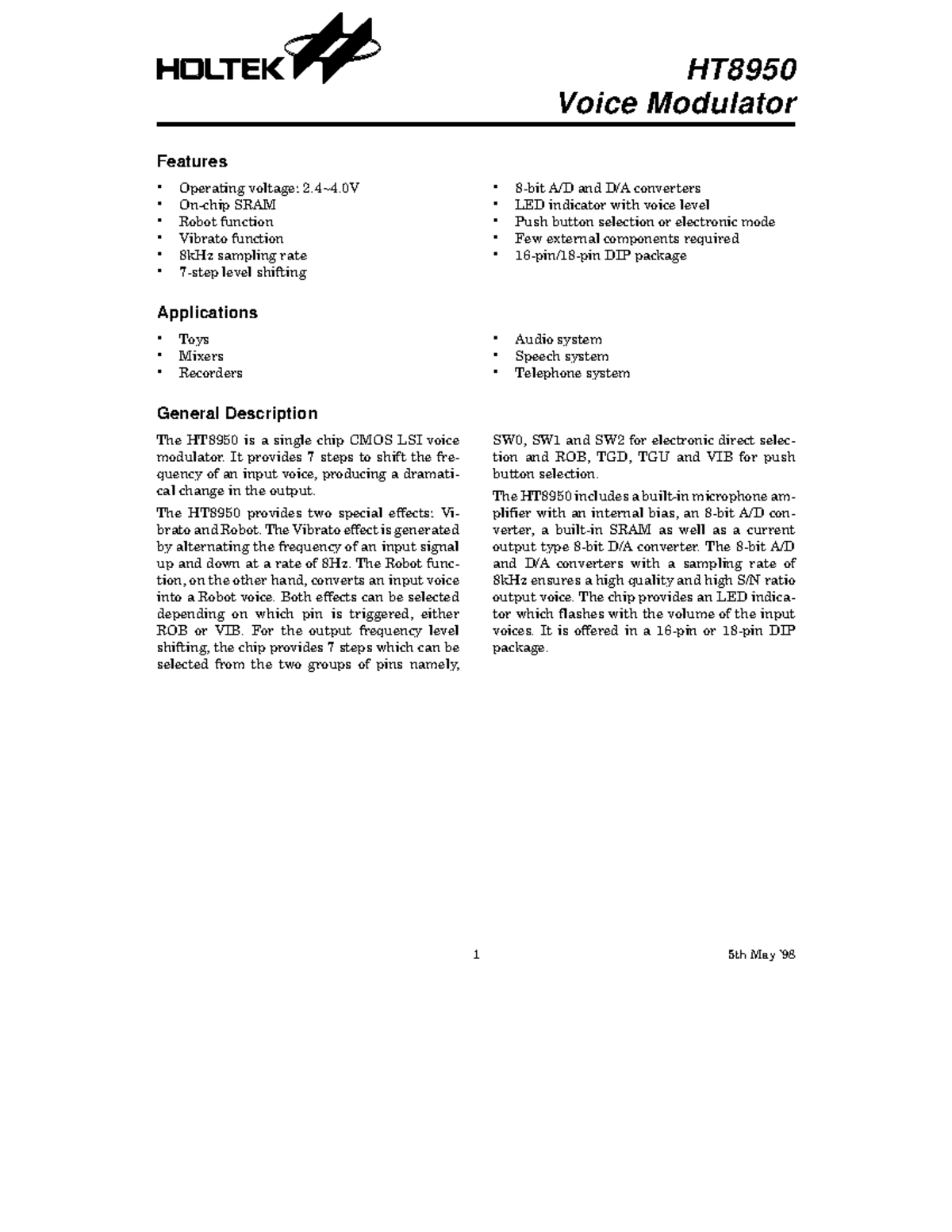 HT8950 - Datasheet - Voice Modulator Features Operating voltage: 2~4 On ...