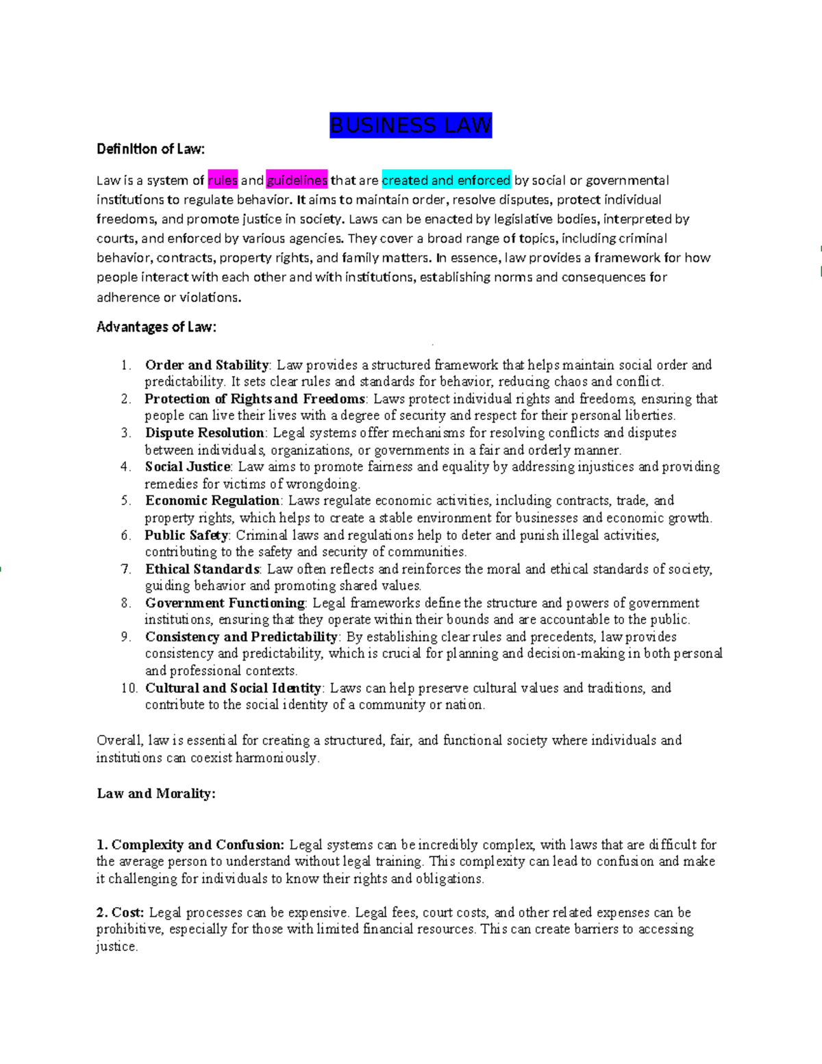 Introduction TO Business LAW Notes - BUSINESS LAW Definition of Law ...