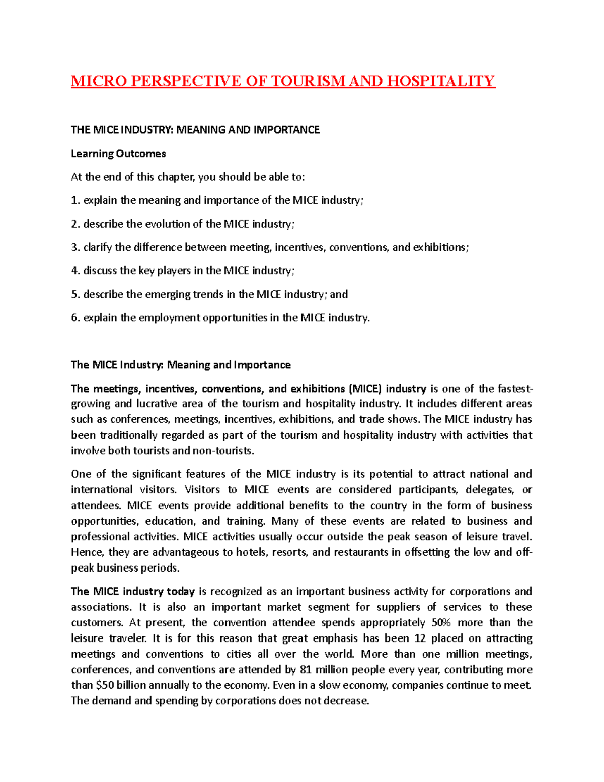 Micro Perspective of Tourism and Hospitality - MICRO PERSPECTIVE OF ...