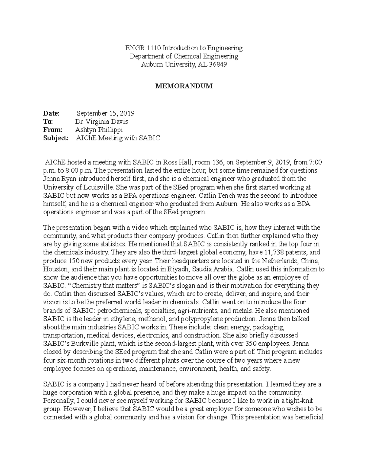 PD Memo 3 - PD Memo - ENGR 1110 Introduction to Engineering Department ...