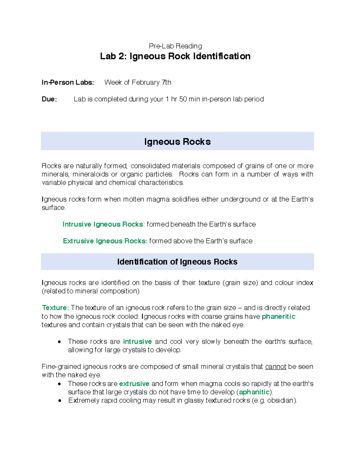 Pre-Lab Reading - Lab 2 - How to Identify Igneous Rocks - Pre-Lab ...