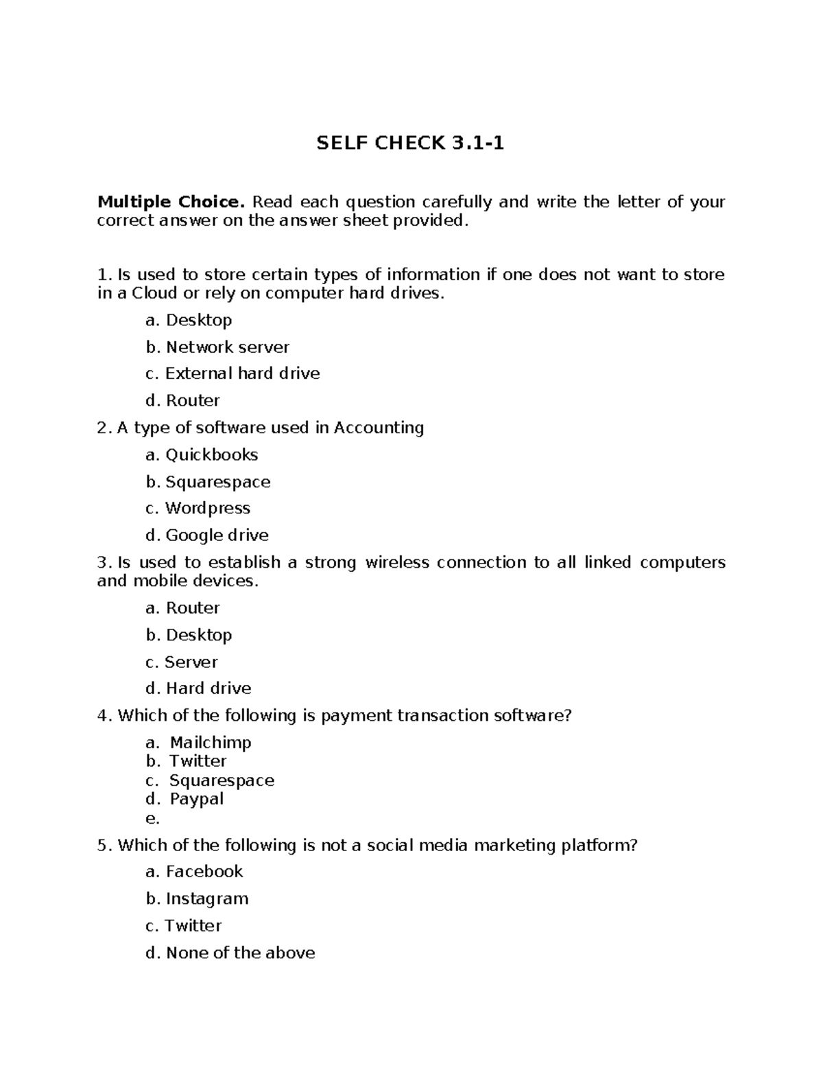 Self-Check 3.1-1.docx - SELF CHECK 3 .1- Multiple Choice. Read each ...