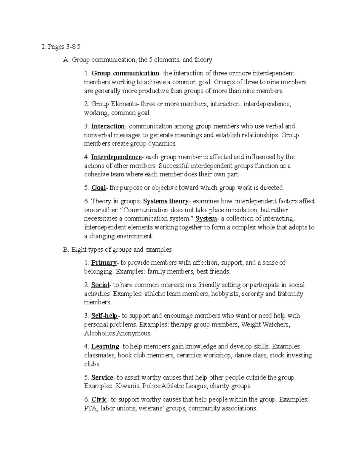 Chapter one outline - I. Pages 3-8 A. Group communication, the 5 ...