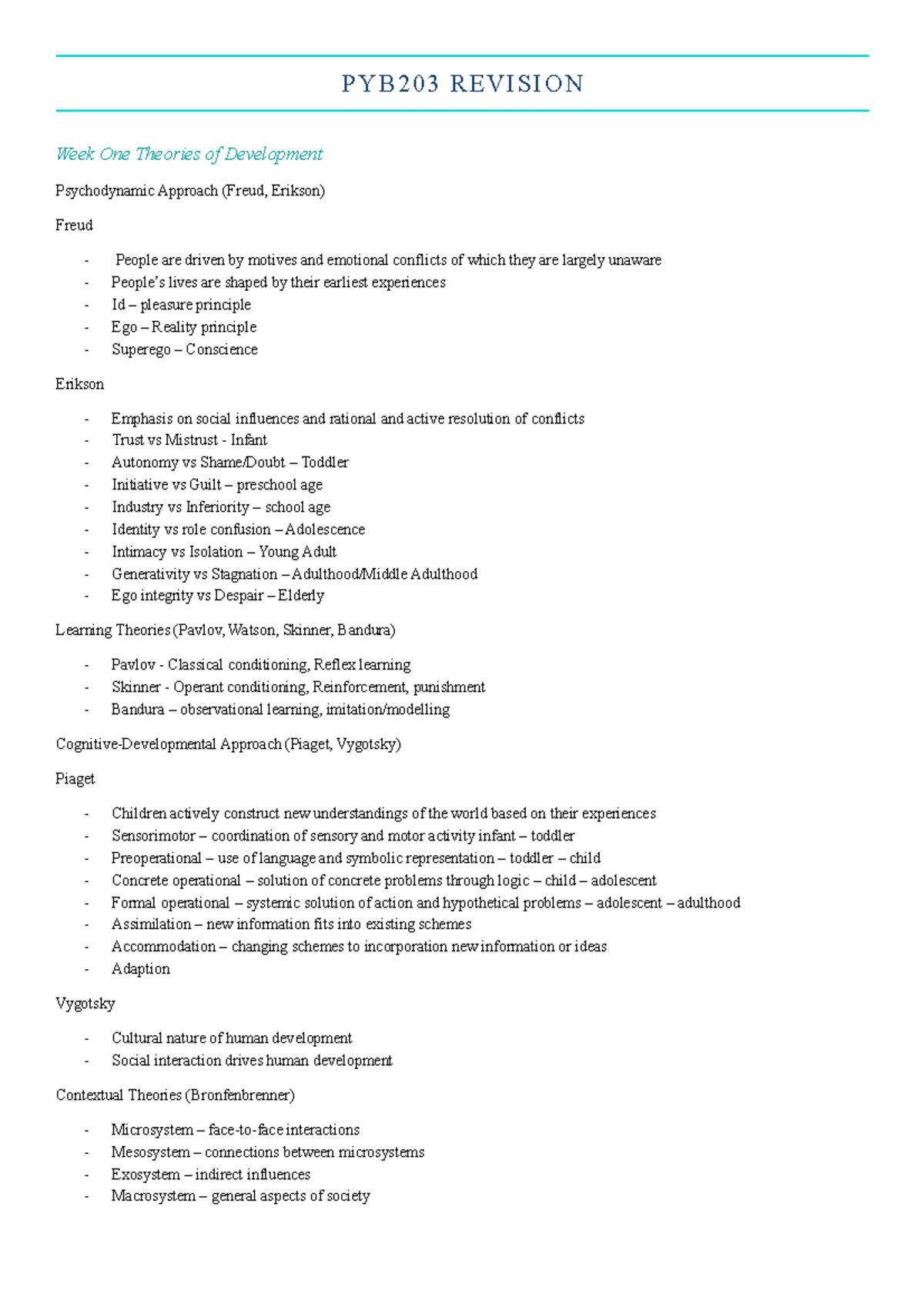 PYB203 Revision - Exam Prep - PYB203 REVISION Week One Theories of Development Psychodynamic ...