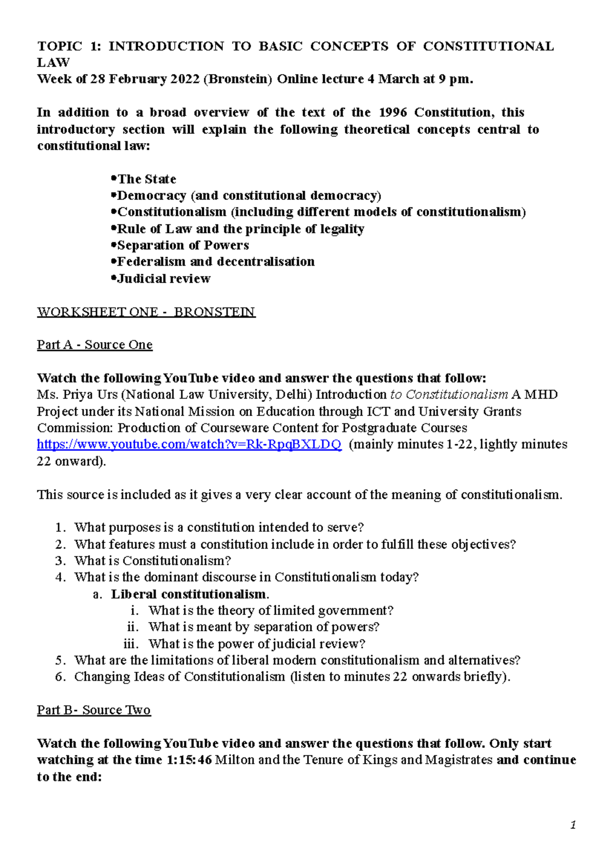 Con law worksheet 1 - TOPIC 1: INTRODUCTION TO BASIC CONCEPTS OF CONSTITUTIONAL LAW Week of 28 ...