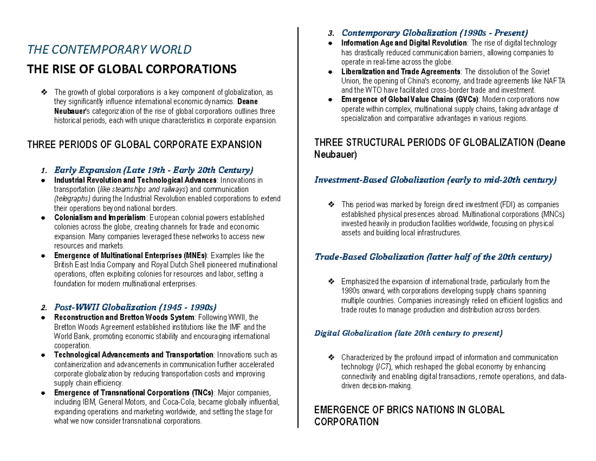 Rise of Global Corporations - TCW - THE CONTEMPORARY WORLD THE RISE OF ...