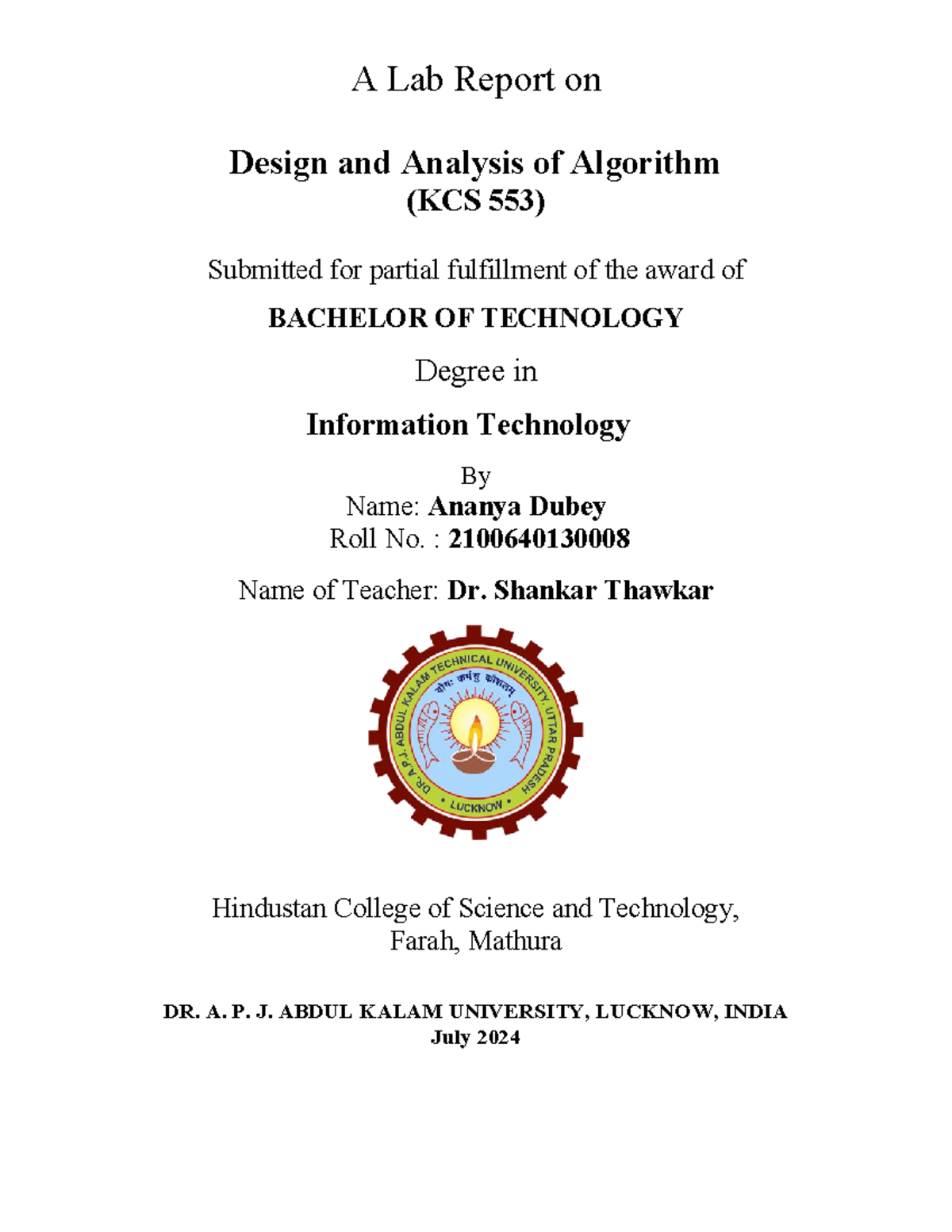 Daa file - file - A Lab Report on Design and Analysis of Algorithm (KCS 553) Submitted for ...