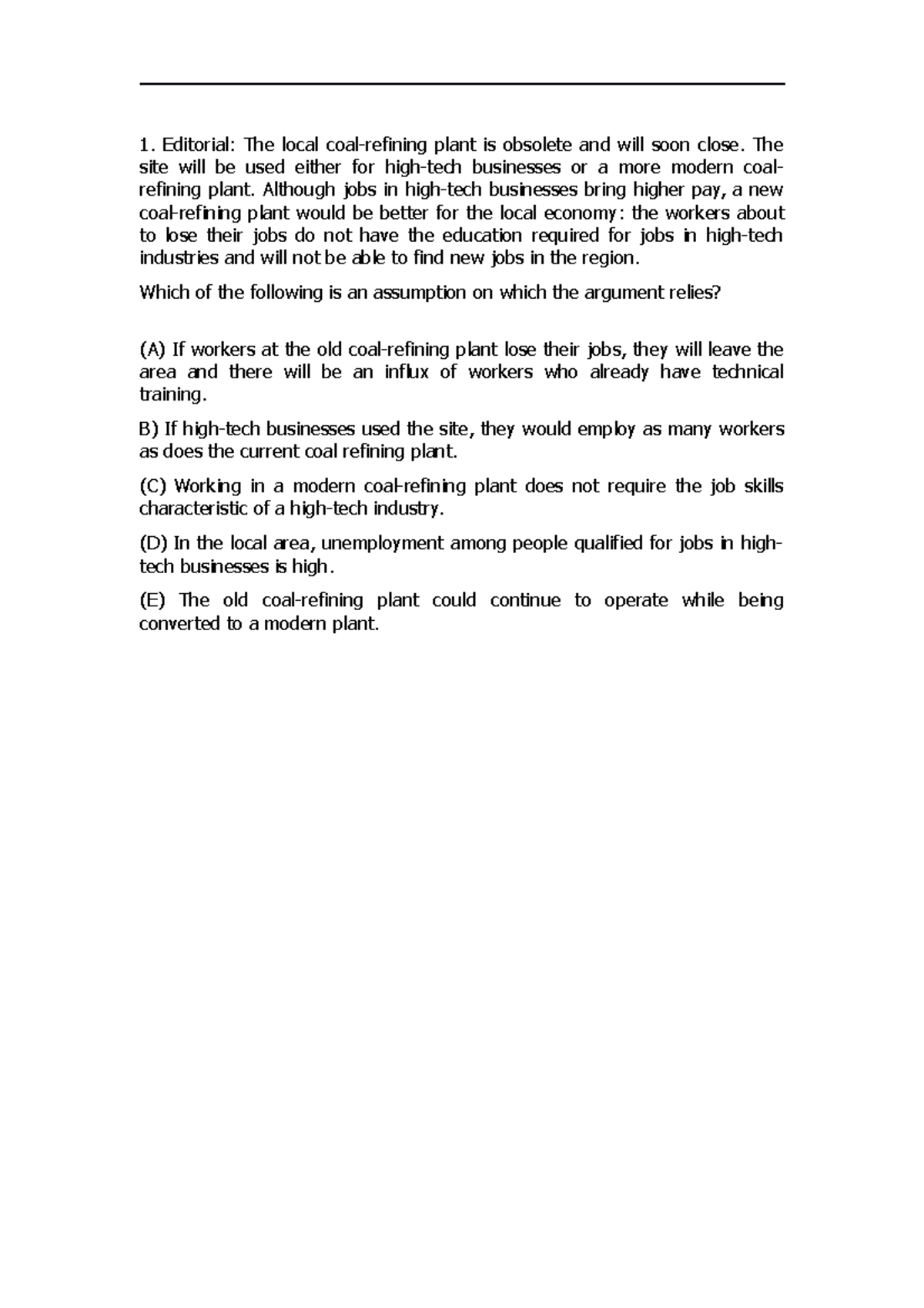 CR 200真题合集（纯净版）无l - Editorial: The local coal-refining plant is obsolete and will soon close ...